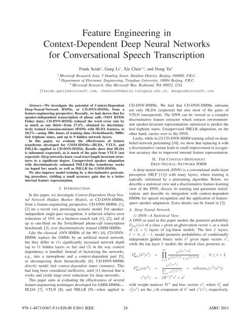 Feature engineering in Context-Dependent Deep Neural Networks