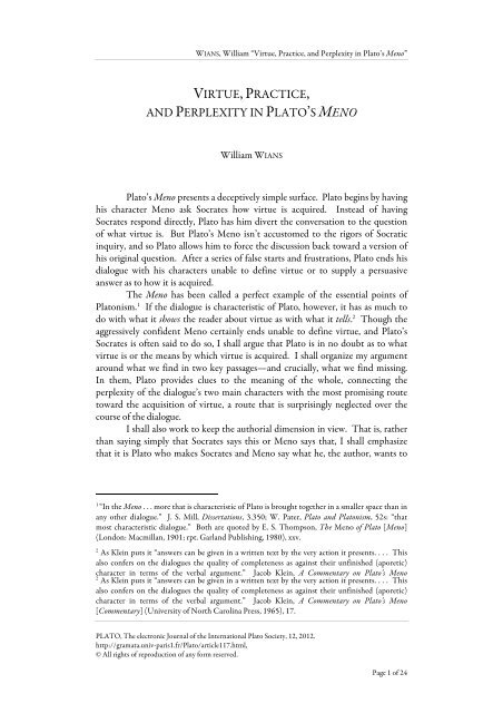 VIRTUE,PRACTICE, AND PERPLEXITY IN PLATO'S MENO - gramata