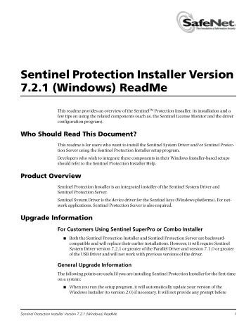 Sentinel Protection Installer Version 7.4.0 (Windows) ReadMe