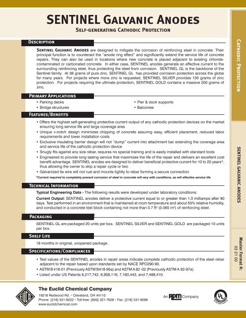 Sentinel Galvanic Anodes Tech Data Sheet - Euclid Chemical Co