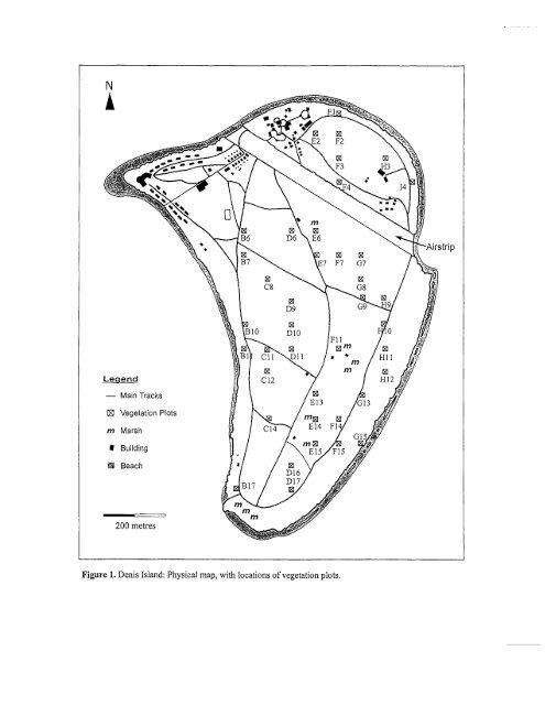 Figure 1. Denis Island: Physical map, with locations of vegetation plots.