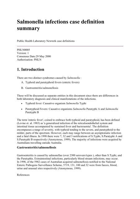 Salmonella infections case definition summary