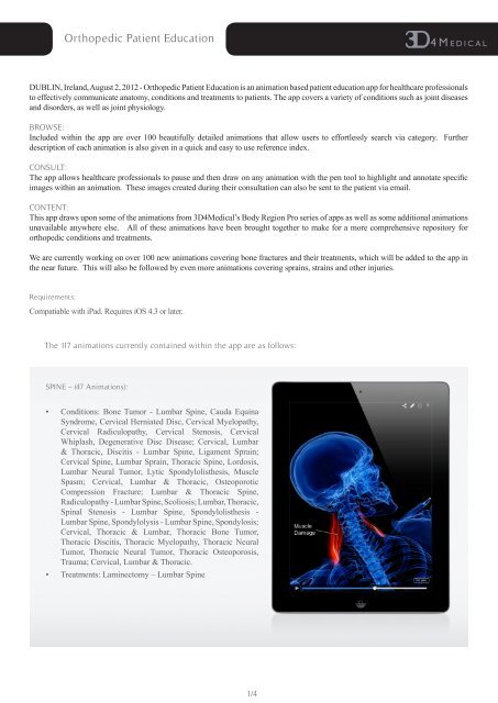 Orthopedic Patient Education - Press Release - Apps - 3D4Medical