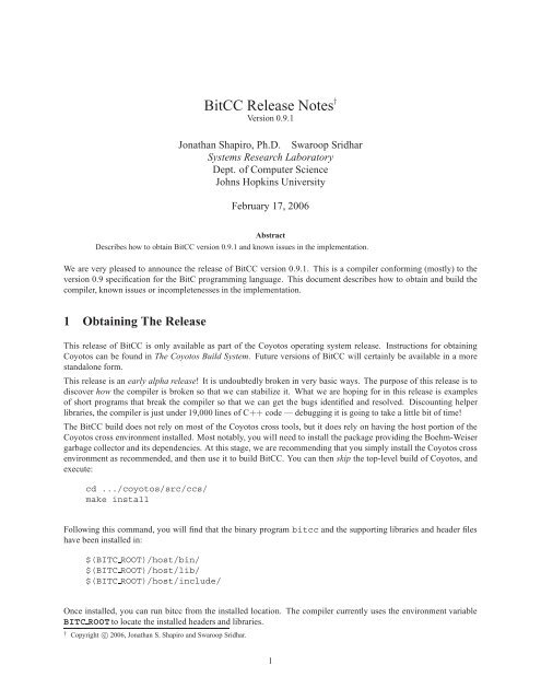 BitCC Release Notes† - The BitC Programming Language