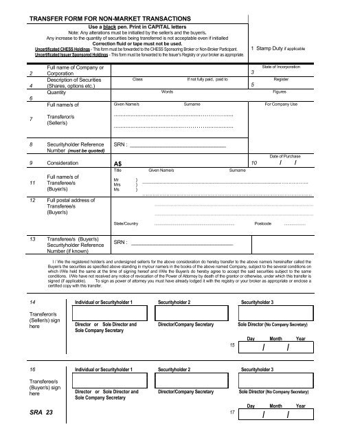 TRANSFER FORM FOR NON-MARKET TRANSACTIONS ...