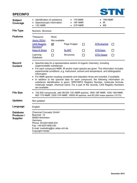 SPECINFO Database Summary Sheet (DBSS) - STN International