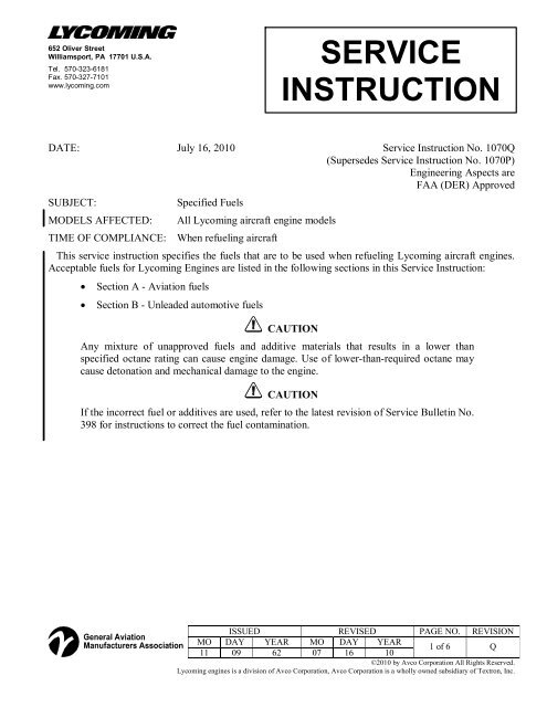 SERVICE INSTRUCTION - Textron Lycoming