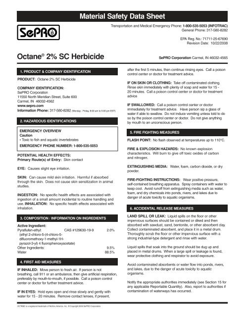 Material Safety Data Sheet Octane® 2% SC Herbicide - SePRO!