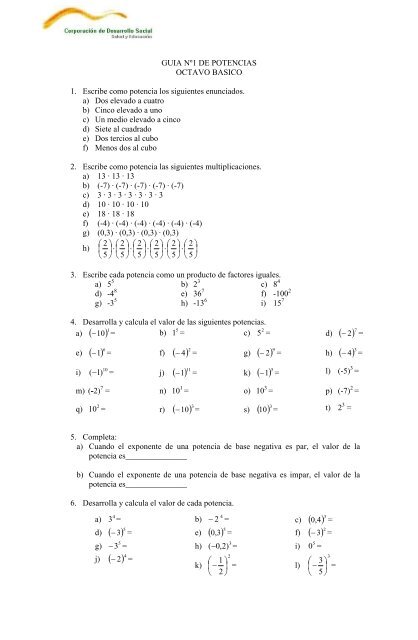 GUIA Nº1 DE POTENCIAS OCTAVO BASICO 1. Escribe como ...