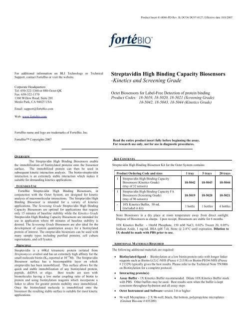 Streptavidin High Binding Capacity Biosensors -Kinetics ... - ForteBio