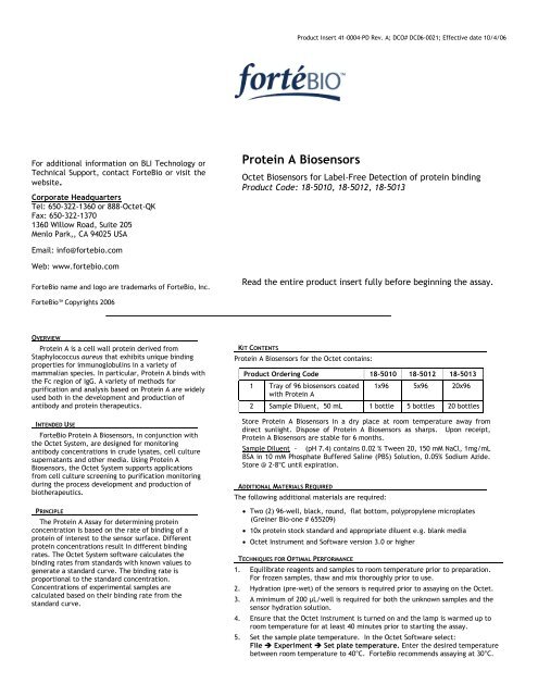Protein A Biosensors - ForteBio