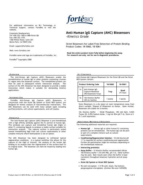 Anti-Human IgG Capture (AHC) Biosensors -Kinetics Grade - ForteBio