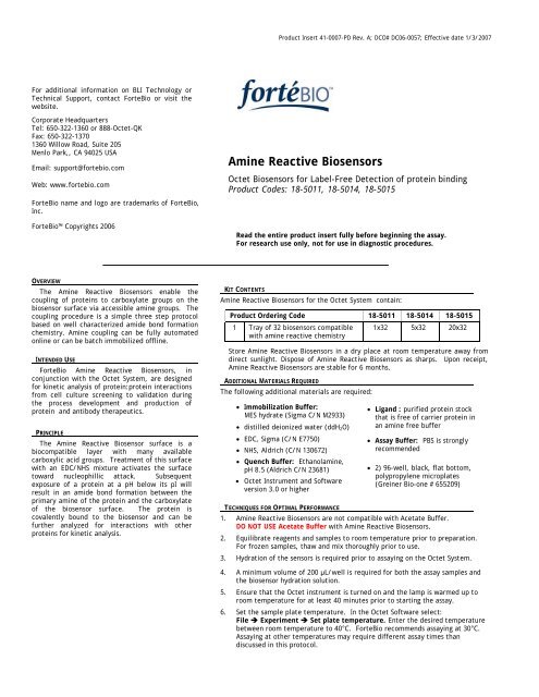 Amine Reactive Biosensors - ForteBio