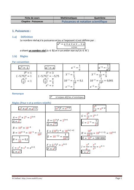 Puissances et notation scientifique 1. Puissances : - Math93