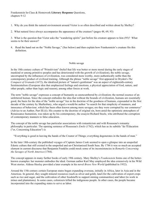 Frankenstein Classwork Questions for chapters 9-12, with