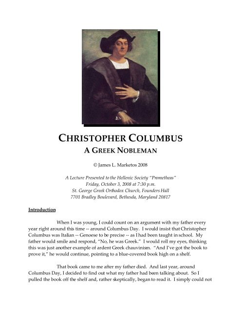 Christopher Columbus, a Greek Nobleman - Hellenic Society ...