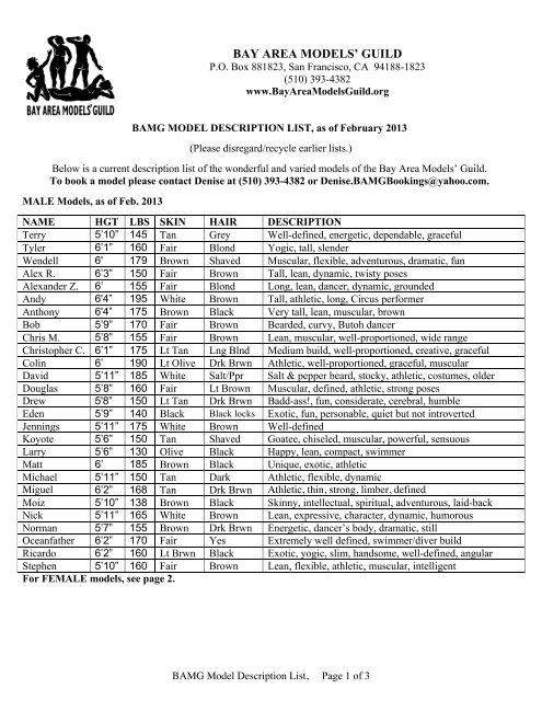 model list - Bay Area Model's Guild