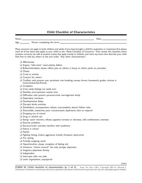 Child Checklist - Wake Forest Counseling Associates