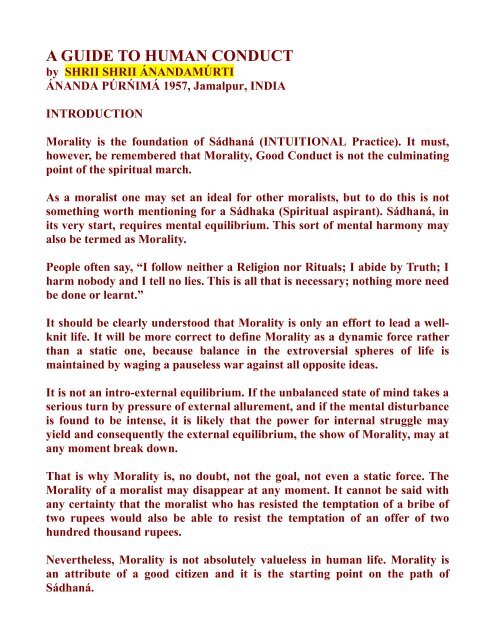 a guide to human conduct - Ananda Marga - Bhagavata Dharma