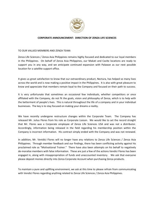 CORPORATE ANNOUNCEMENT: DIRECTION OF ZENZA LIFE ...