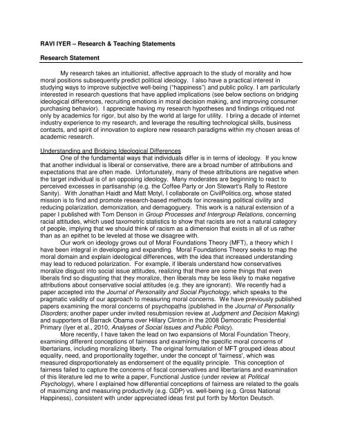 RAVI IYER – Research & Teaching Statements Research Statement ...