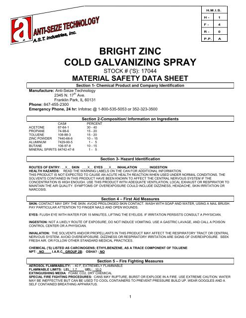 BRIGHT ZINC COLD GALVANIZING SPRAY - Anti-Seize Technology