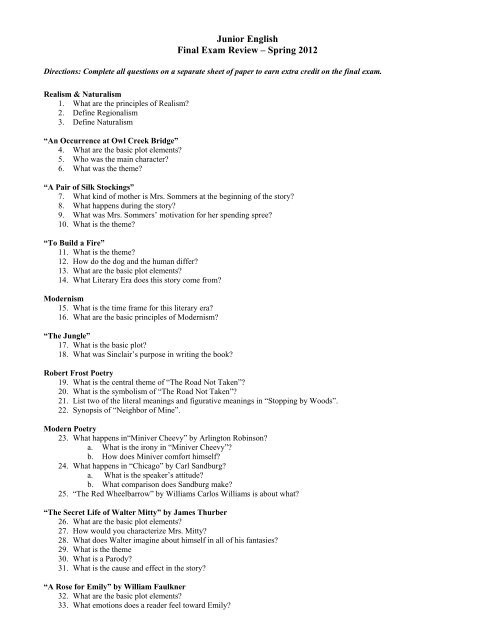 Junior English Final Exam Review – Spring 2012