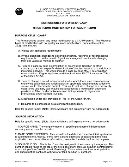 INSTRUCTIONS FOR FORM 271-CAAPP MINOR PERMIT ...