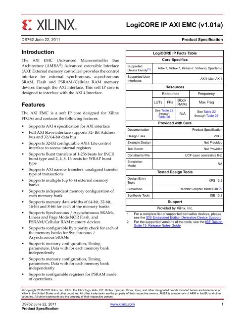 Xilinx DS762 LogiCORE IP AXI EMC (v1.01a), Data Sheet