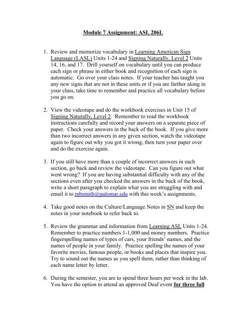 Module 7 Assignment: ASL 206L 1. Review and memorize ... - Daphne