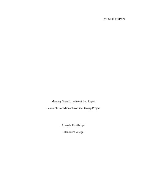 Memory Span Experiment Lab Report - John H. Krantz - Hanover ...