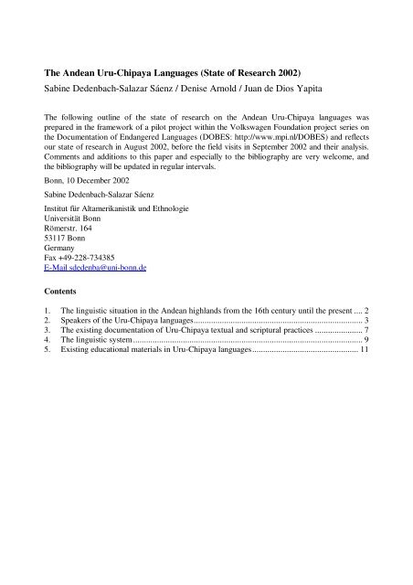 The Andean Uru-Chipaya Languages (State of Research 2002 ...
