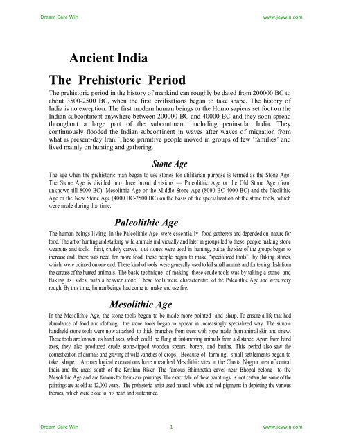 Ancient India The Prehistoric Period - Jeywin Ancient India The Prehistoric Period - Jeywin