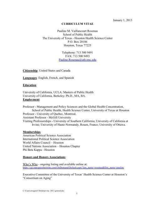 January 1, 2013 CURRICULUM VITAE Pauline M. Vaillancourt ...