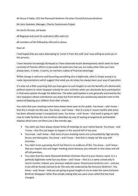 Mr Bruce D Hales, CEO the Plymouth Brethren Christian Church ...