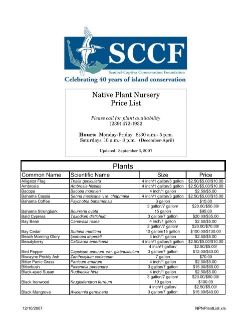 Plants Native Plant Nursery Price List