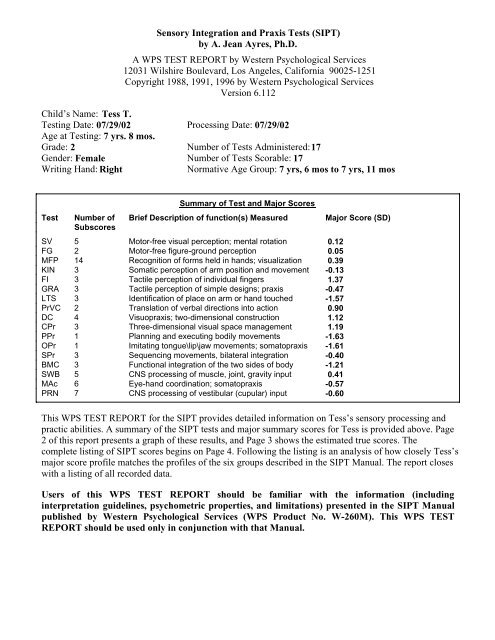 Sensory Integration and Praxis Tests (SIPT) - Western Psychological ...