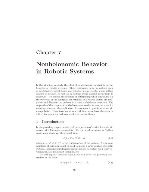 Nonholonomic Behavior in Robotic Systems - Control and ...