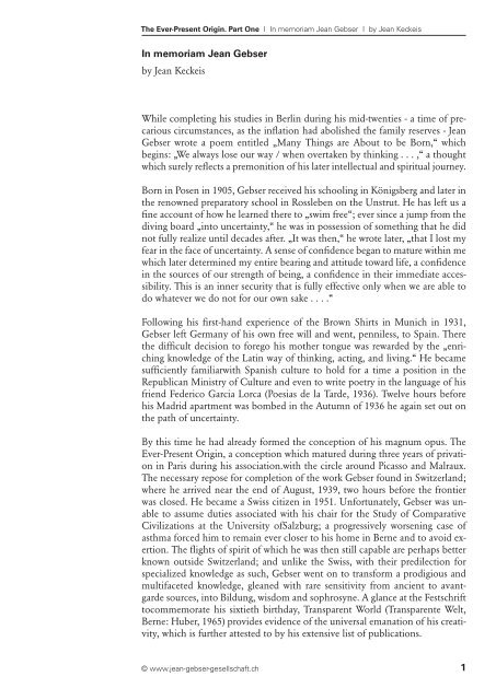 memoriam Jean Gebser I by Jean Keckeis - Jean Gebser Gesellschaft