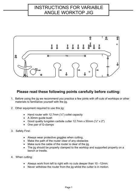 INSTRUCTIONS FOR VARIABLE ANGLE WORKTOP JIG