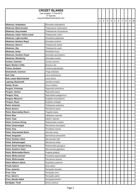 Crozet Islands - Printable Bird Checklists