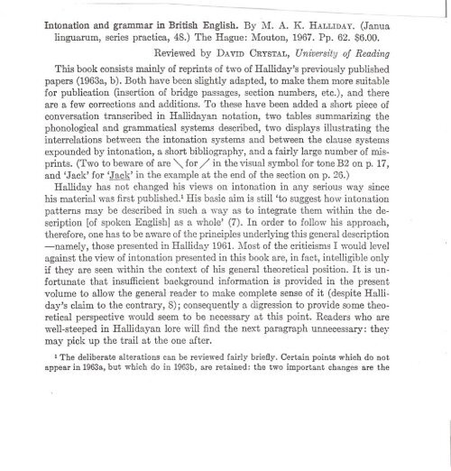 Intonation and grammar in British English. By M. A. K. ... - David Crystal