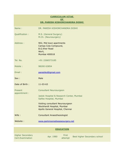 CURRICULUM VITAE OF DR. PARESH KISHORCHANDRA DOSHI ...