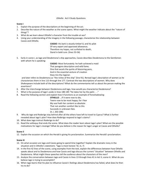 Othello: Act II Study Questions Scene i 1. Explain the purpose of the ...