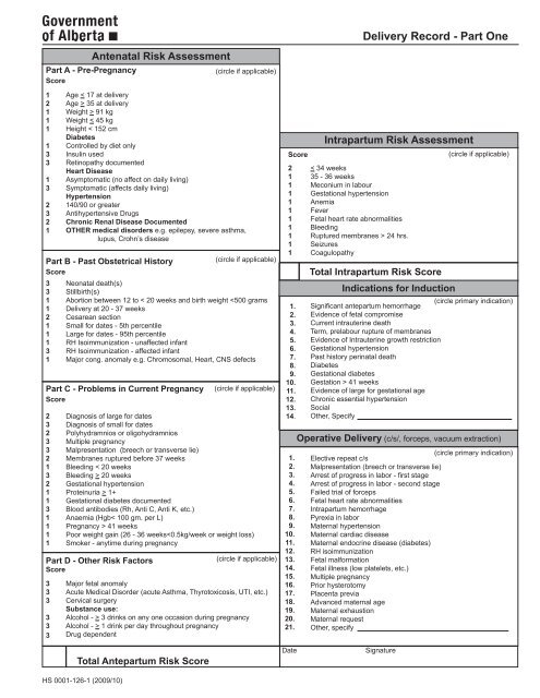 Delivery Record - Part One - Alberta Perinatal Health Program