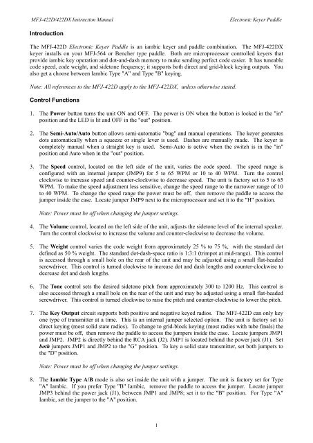 Introduction The MFJ-422D Electronic Keyer Paddle is an iambic ...