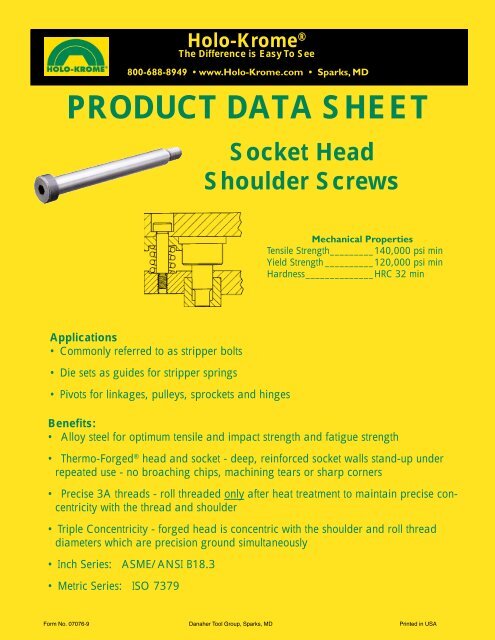 Socket Shoulder Bolts Data Sheet - Holo-Krome