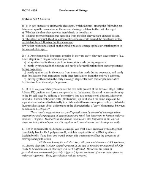 MCDB 4650 Developmental Biology Problem Set 2 Answers 1) (1 ...