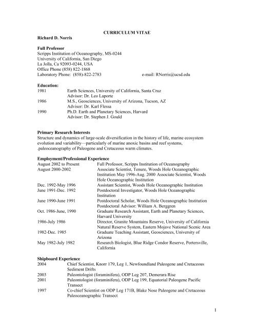 CURRICULUM VITAE Richard D. Norris Full Professor Scripps ...