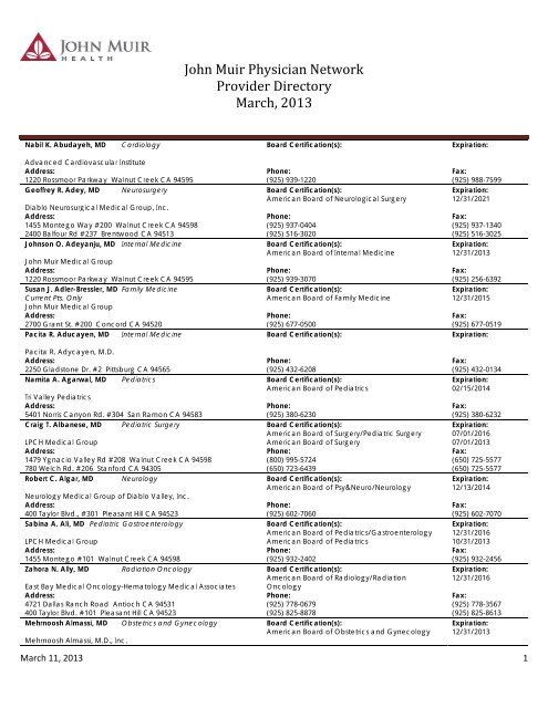 John Muir Physician Network Provider Directory ... - John Muir Health